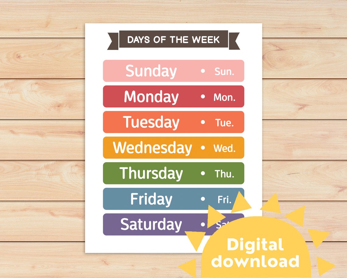 Days of the Week Poster for Kids Name of Week Weekday Name - Etsy