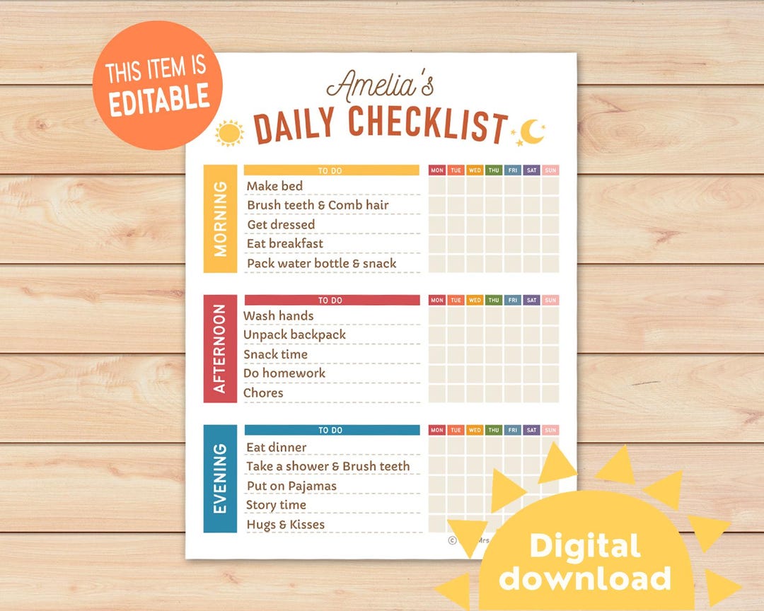 Personalized Kids Daily Checklist | Task Tracker for Kids | Printable ...