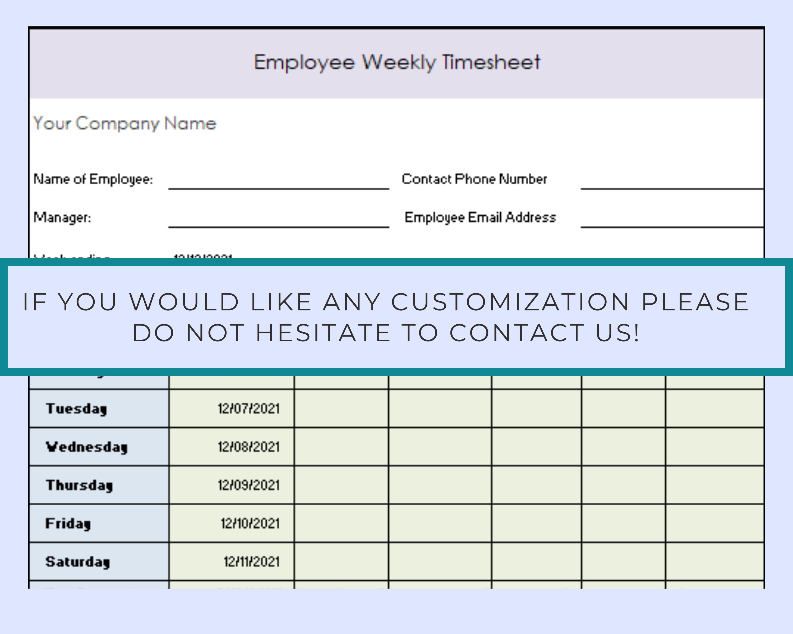 Flexible Editable Time Sheet, Employee Timesheet on Excel Small ...