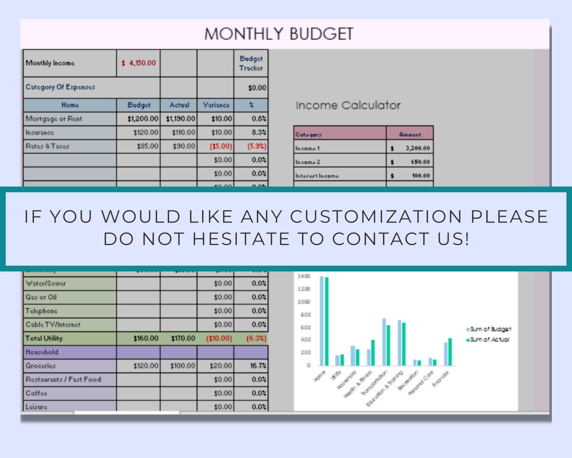 Monthly Budget Excel Spreadsheet With Comparison Chart - Etsy