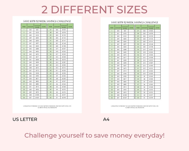 52 Week Savings Challenge Printable: Save 1378 Dollars (PDF Download ...