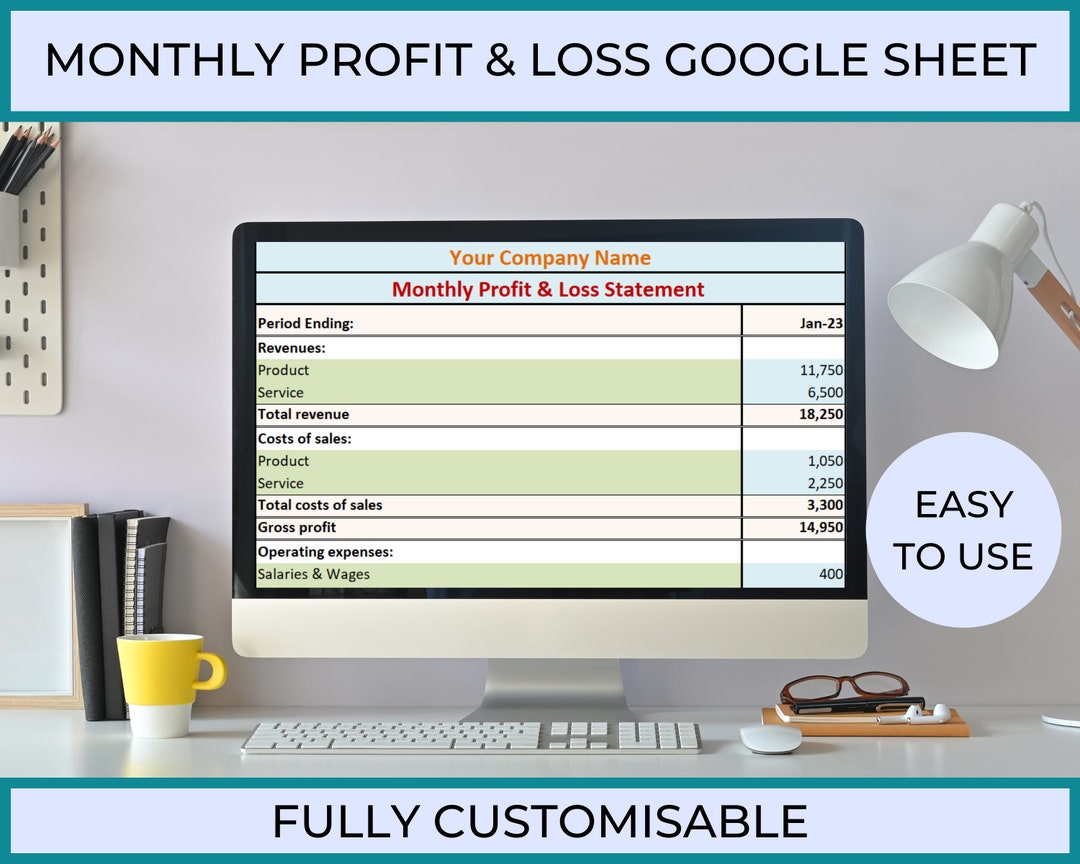 Small Business Monthly Profit & Loss on Google Sheet, Reusable Income ...