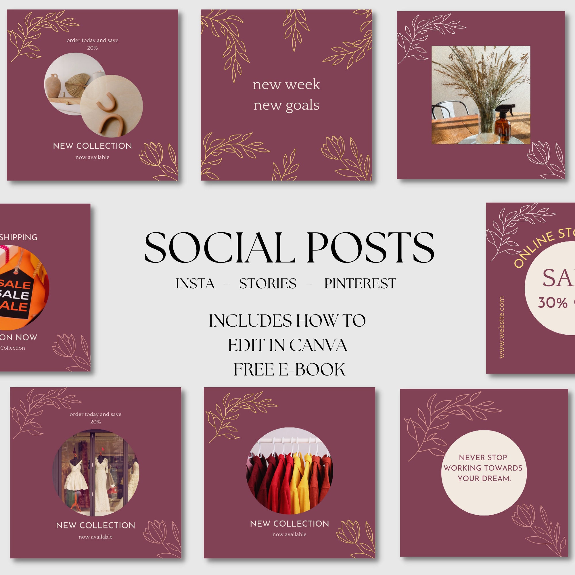PURPLE Social Media Post Templates, Beautiful Stories, 20 Instant ...