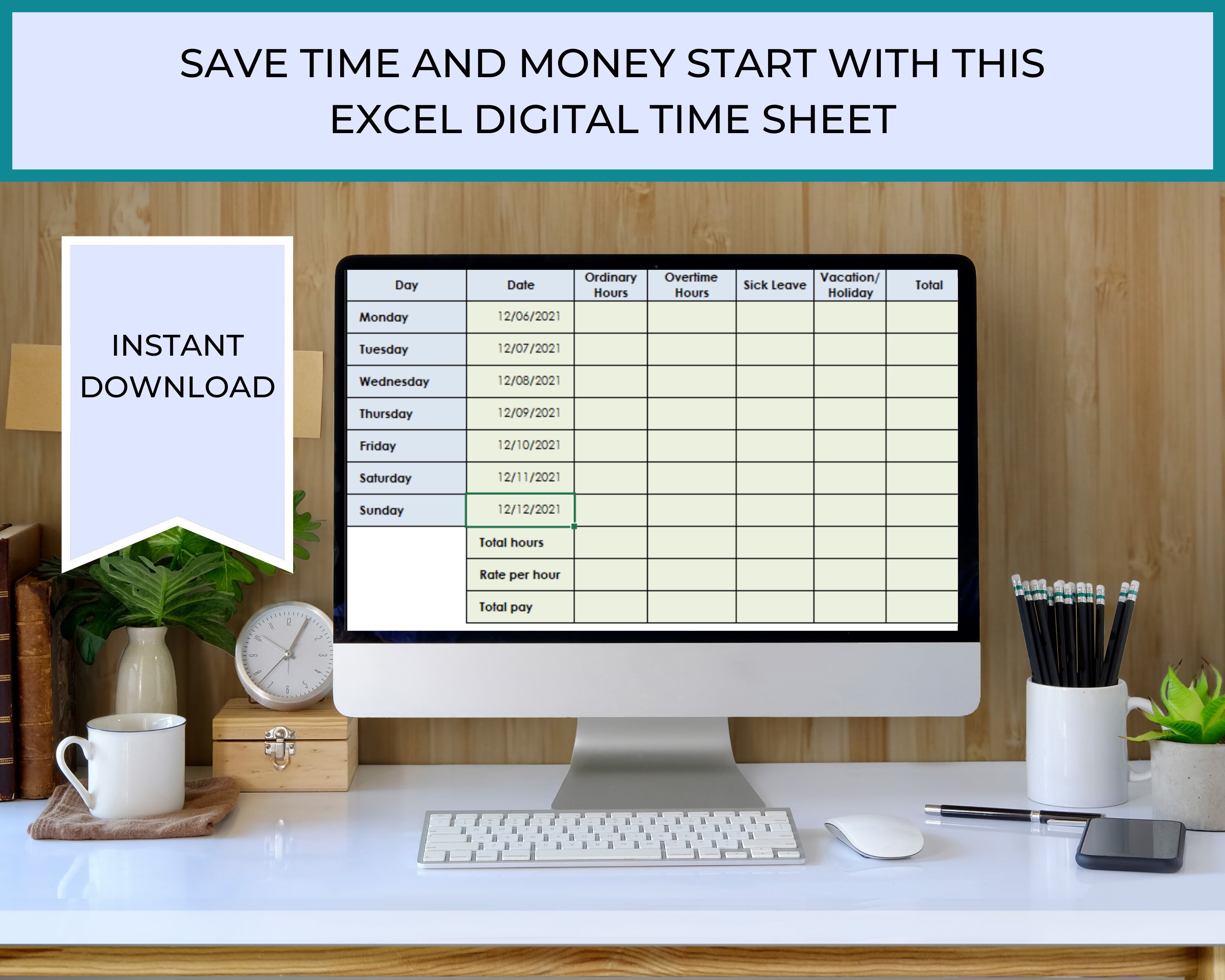 Employee Timesheet Excel Template: Weekly Work Hours Tracker (digital ...