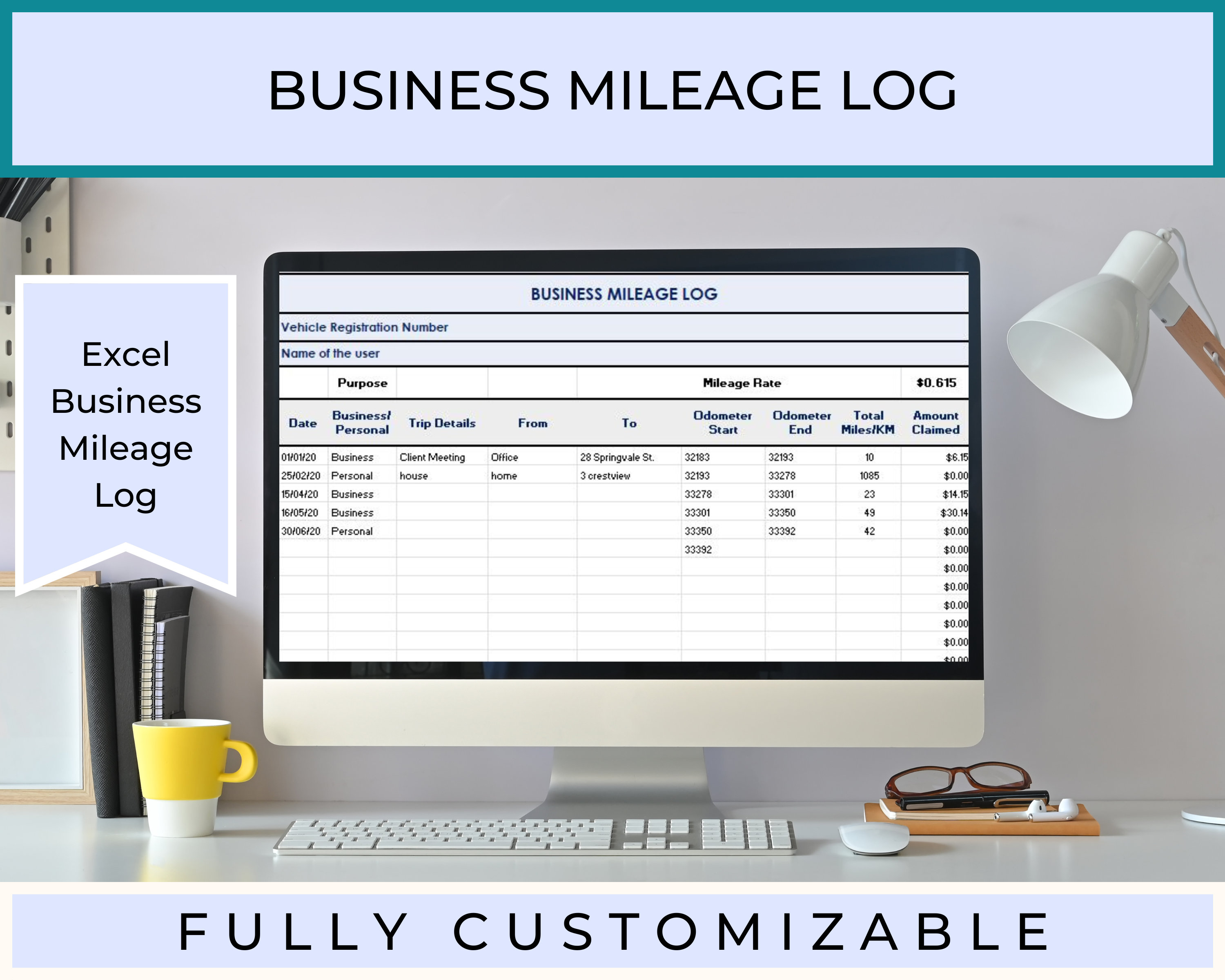 Business Mileage Excel Log for Small Business, Driving Mileage Tracker ...