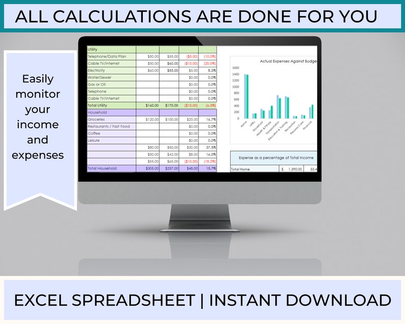 Monthly Budget Excel Spreadsheet With Comparison Chart,personal Budget ...