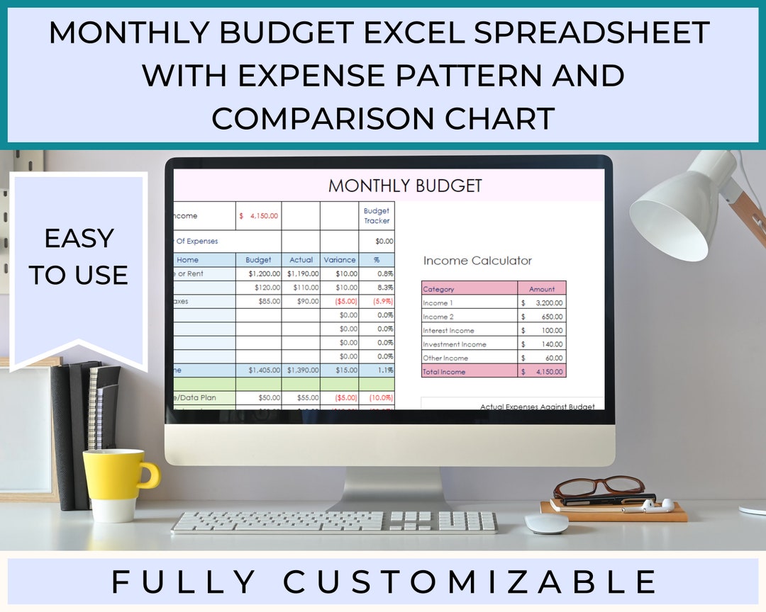 Monthly Budget Excel Spreadsheet With Comparison Chart,personal Budget ...