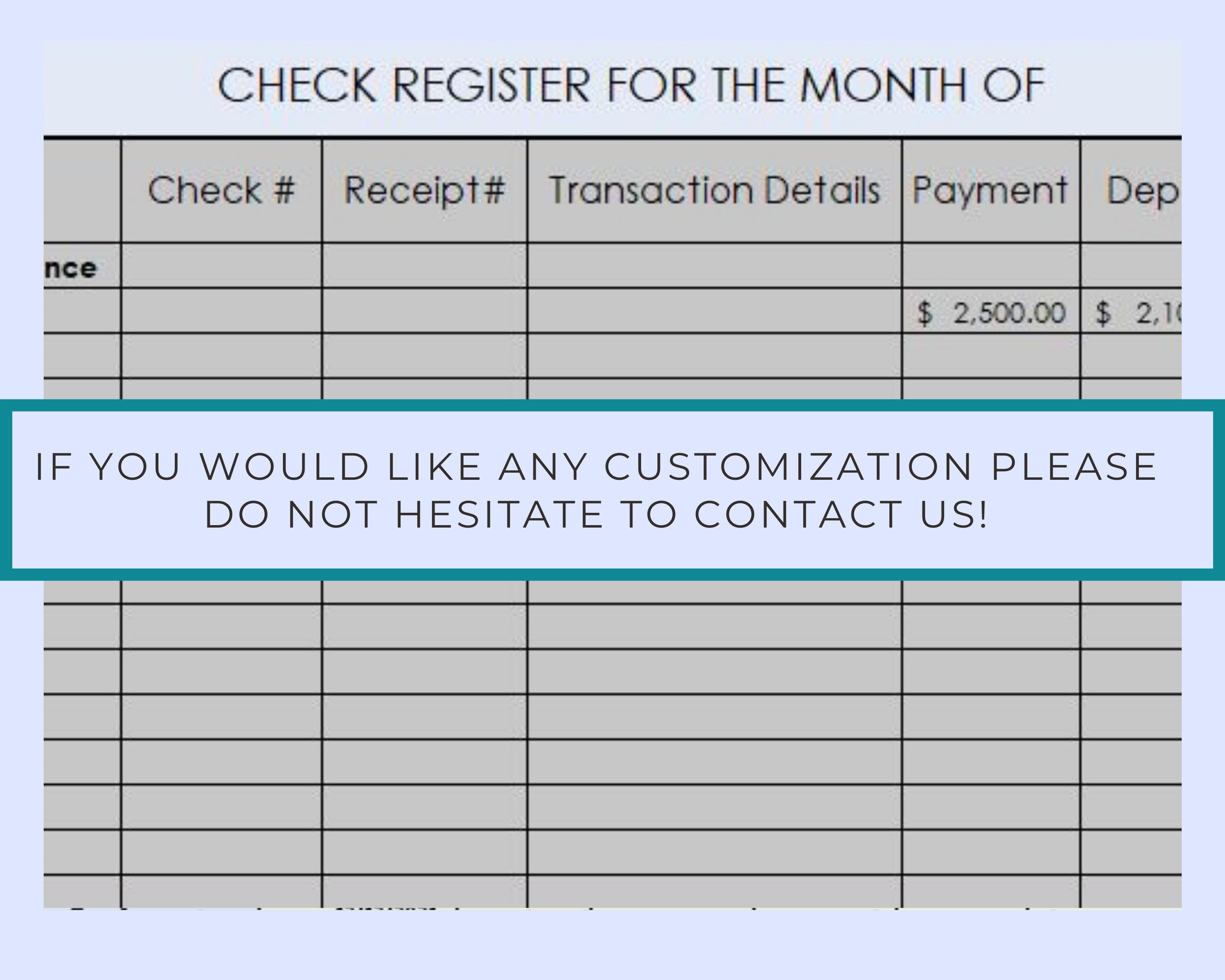 Editable Check Register, Check Register Excel Template, Digital Check ...