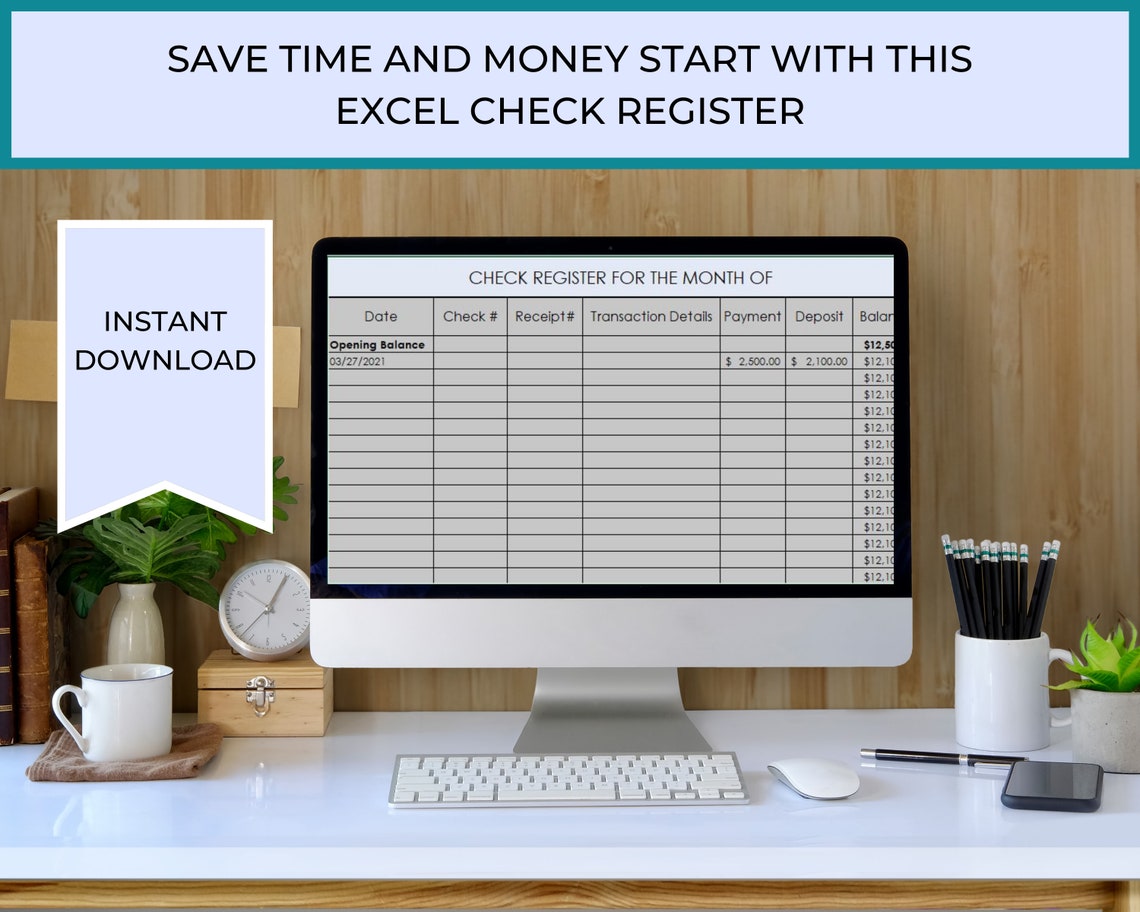 Editable Check Register, Check Register Excel Template, Digital Check ...