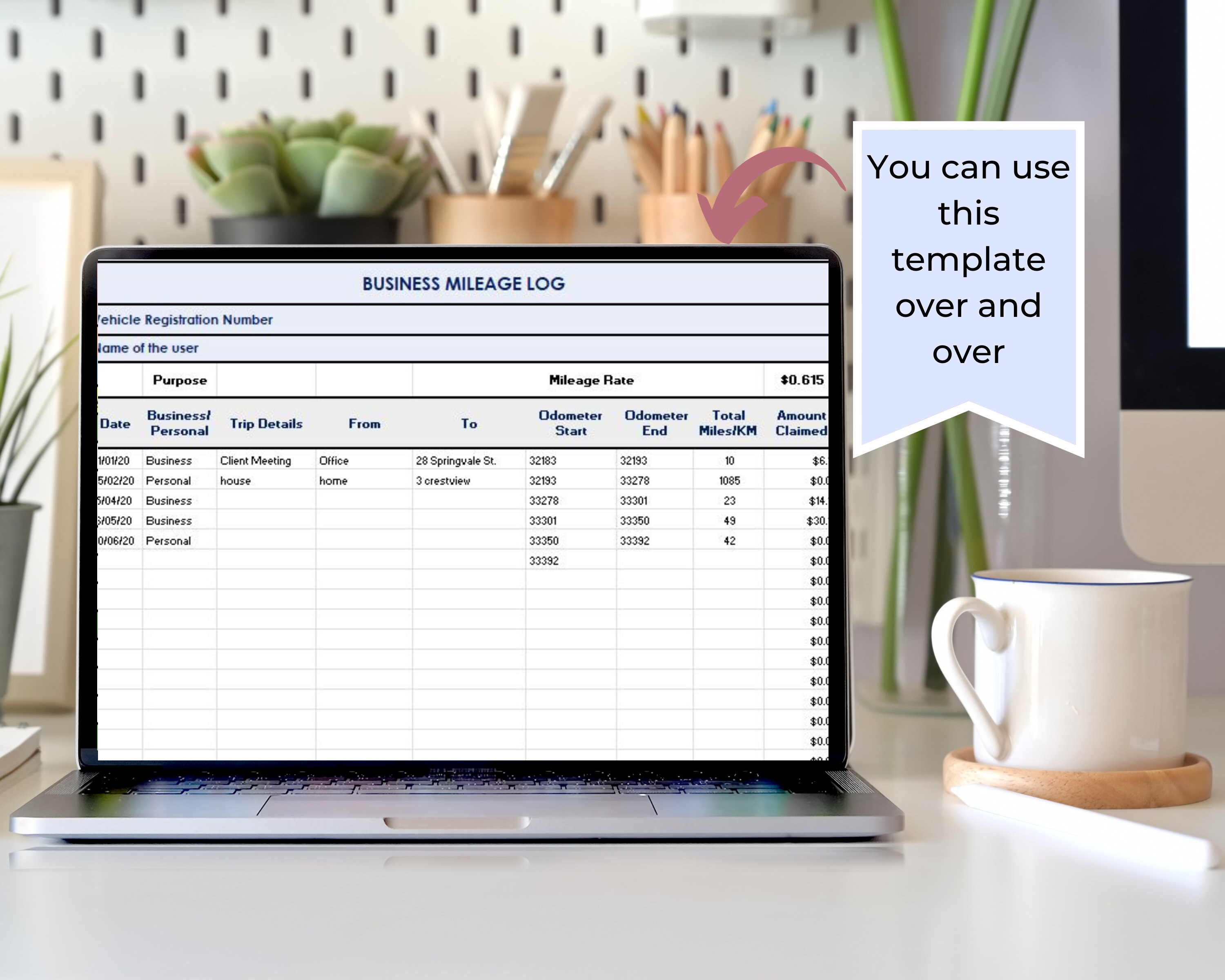 Business Mileage Excel Log for Small Business, Driving Mileage Tracker ...