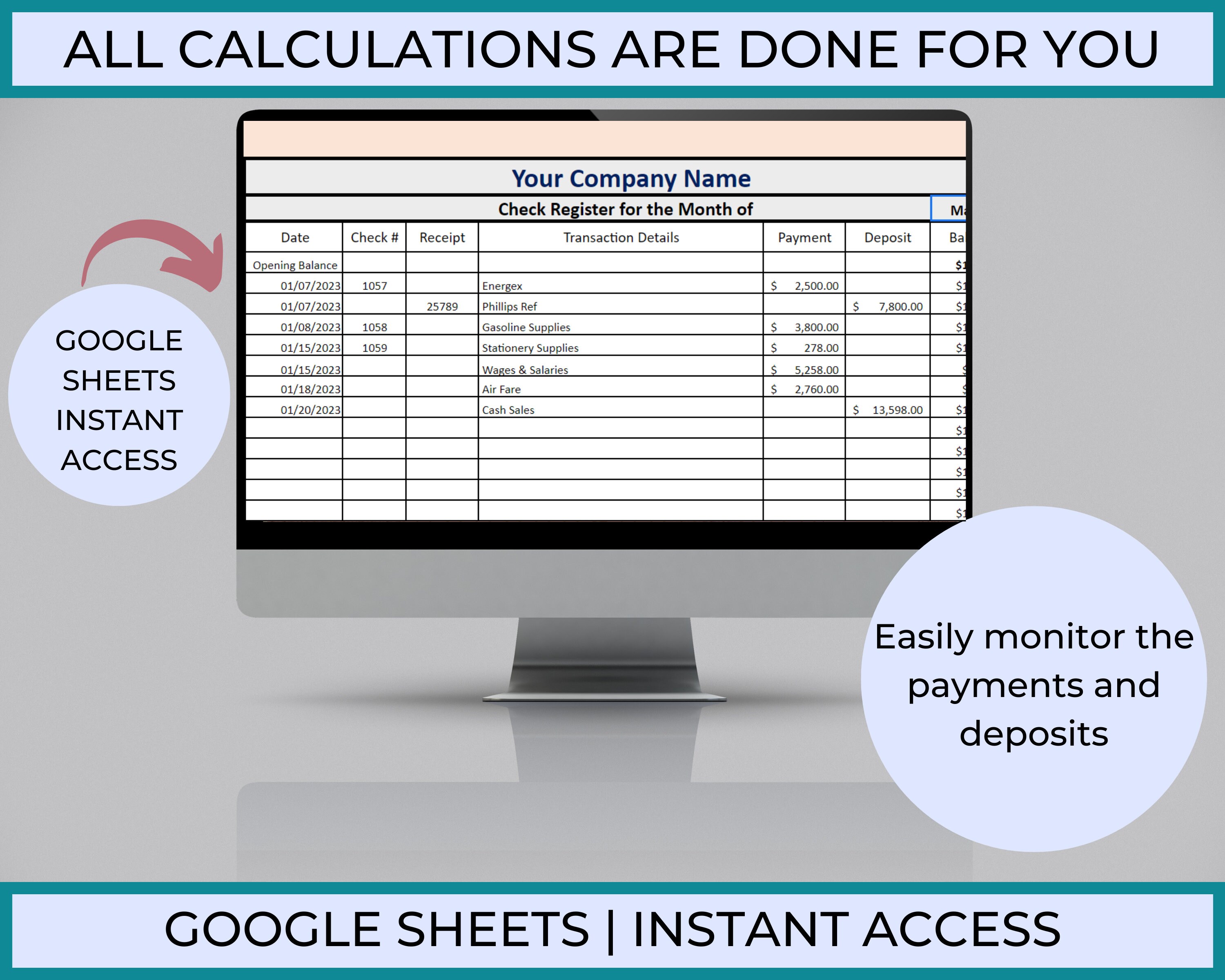 Checkbook Register Google Sheet Template, Editable Check Register ...