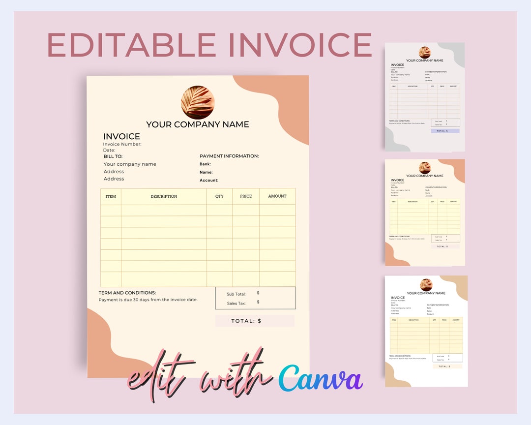 Invoice Canva Editable Template, Printable Small Business Invoice ...