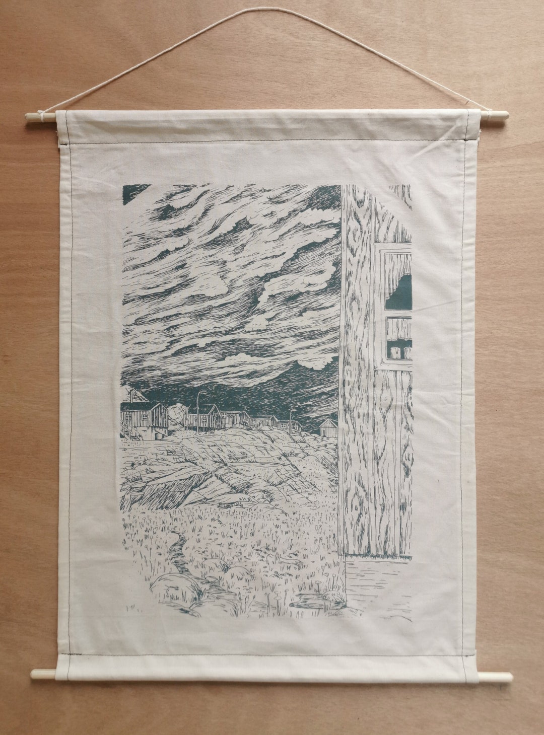 Village Screen Printing on Fabrics - Kakemono Type Wooden Pendant Light ...