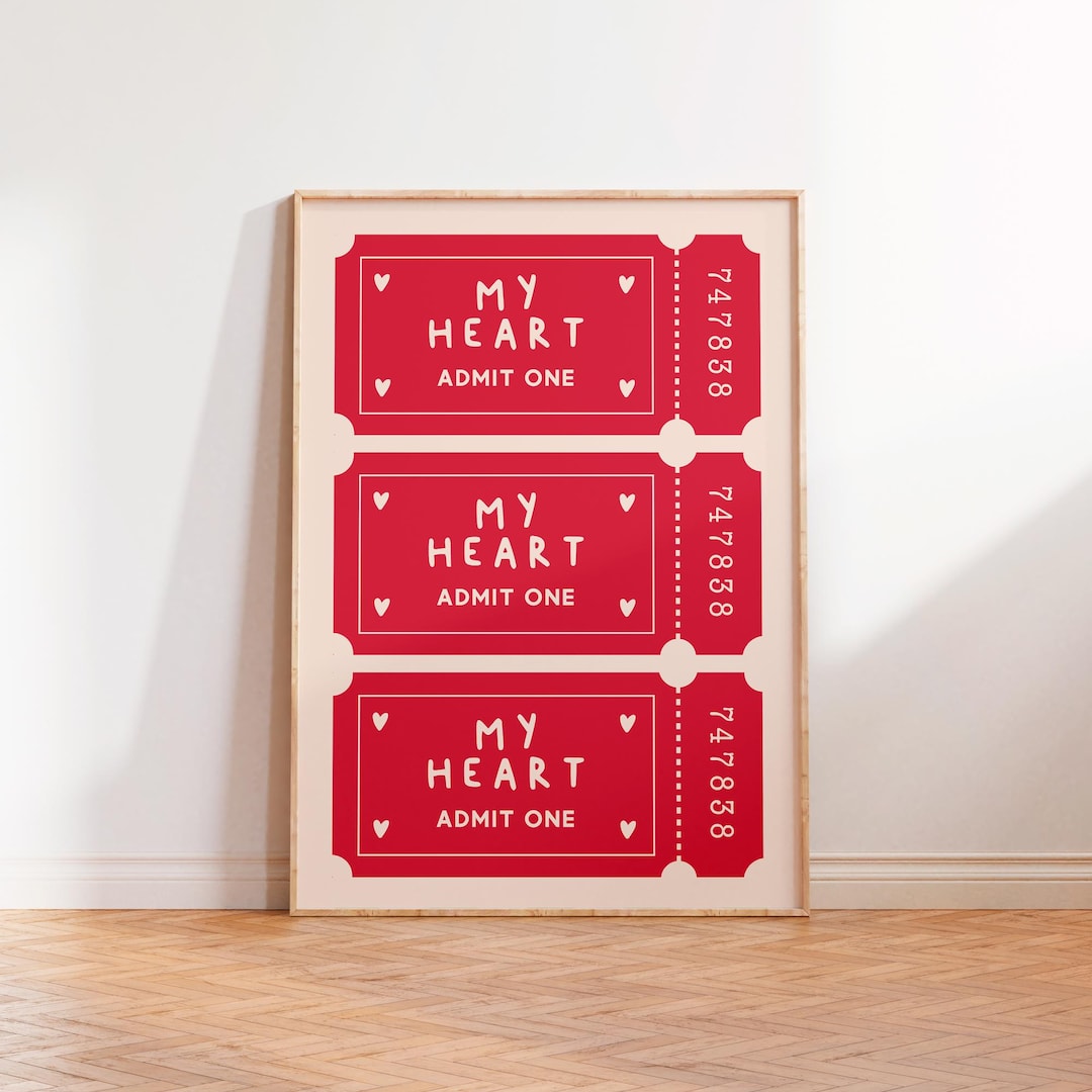 My Heart Ticket Print,red Beige Wall Art,romantic Wall Art,girly ...