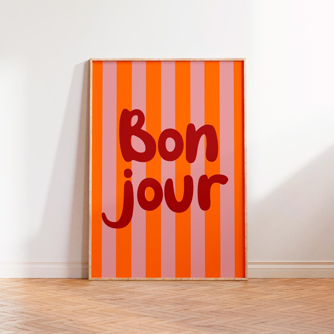 Bonjour Print, French Typography Print, Fun Bold Trendy Colourful ...