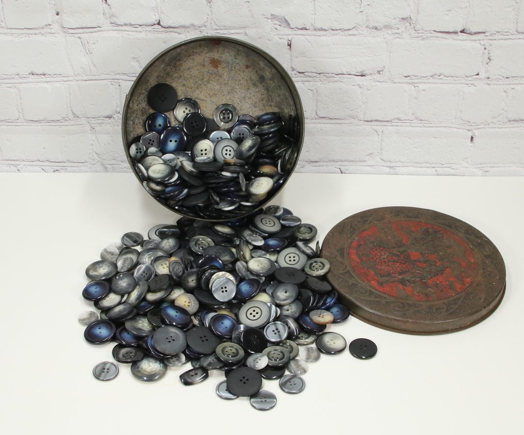 Vintage Tin of Assorted Buttons, 3/4" to 1-1/4". Mix of Dark Colored ...