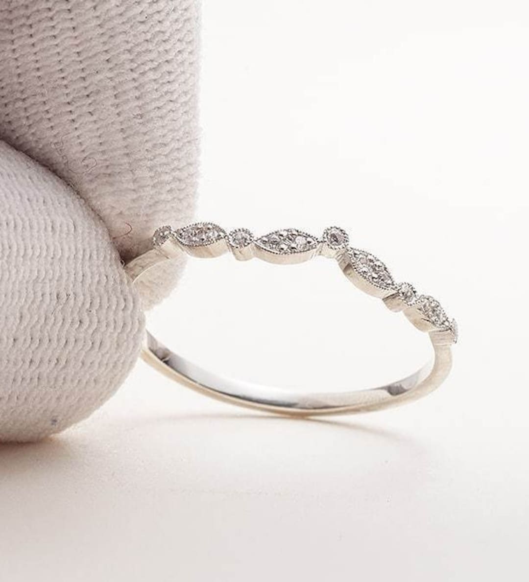 Art Deco 14K Gold Diamond Stacking Ring: Milgrain Wedding Band - Etsy