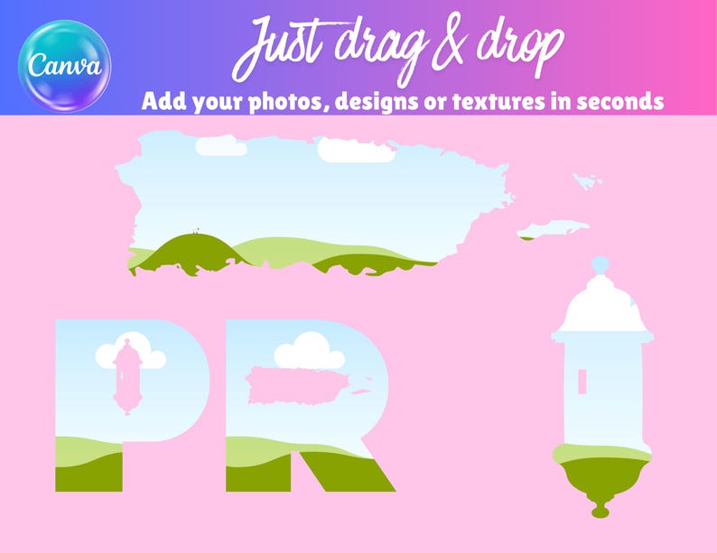 PR Initials Drag & Drop Frames | Puerto Rico Map and El Morro Canva ...
