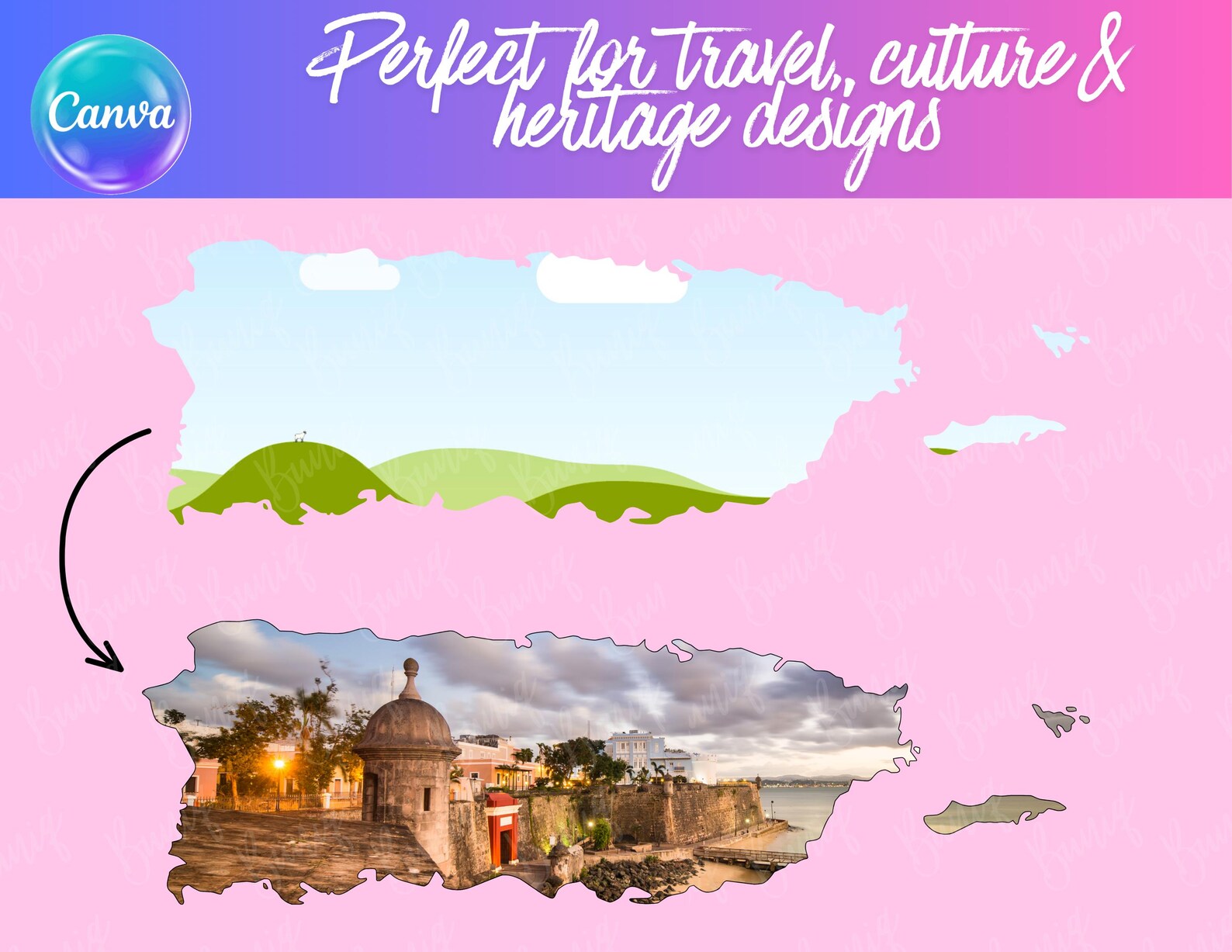 PR Initials Drag & Drop Frames | Puerto Rico Map and El Morro Canva ...