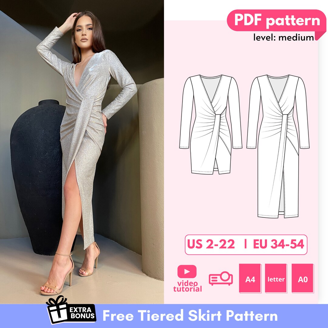 Eva DIY Bodycon Dress Pattern, Fitted Prom Dress Sewing Pattern, V-neck ...