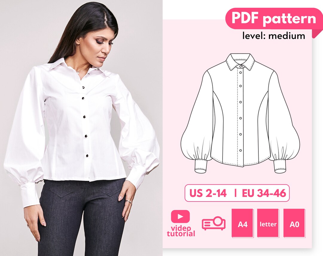 ABBY Button up Fitted Shirt With Bishop Sleeve Sewing Pattern - Etsy