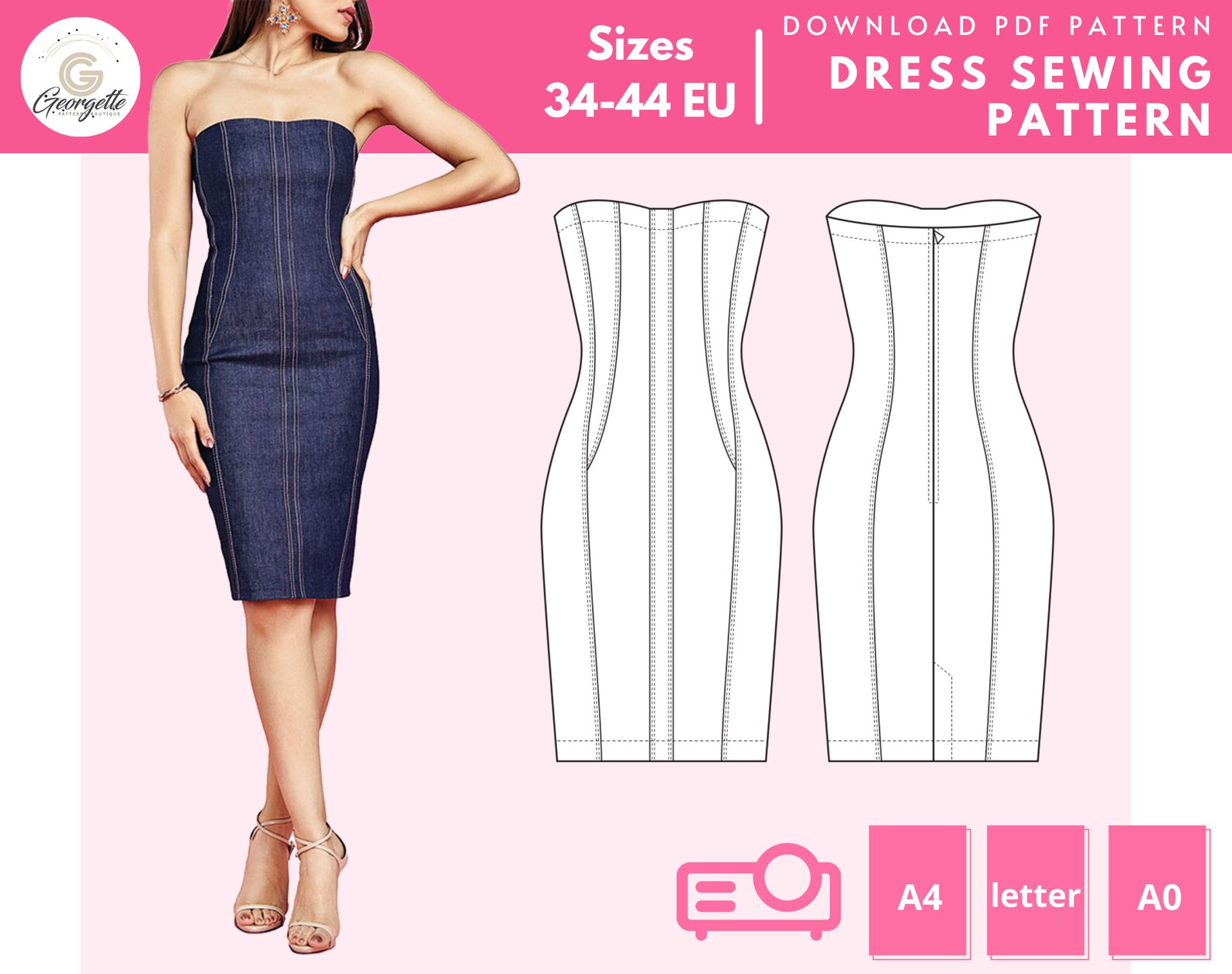 ANIKO Bodycon Dress Sewing Pattern Strapless Dress Pattern - Etsy