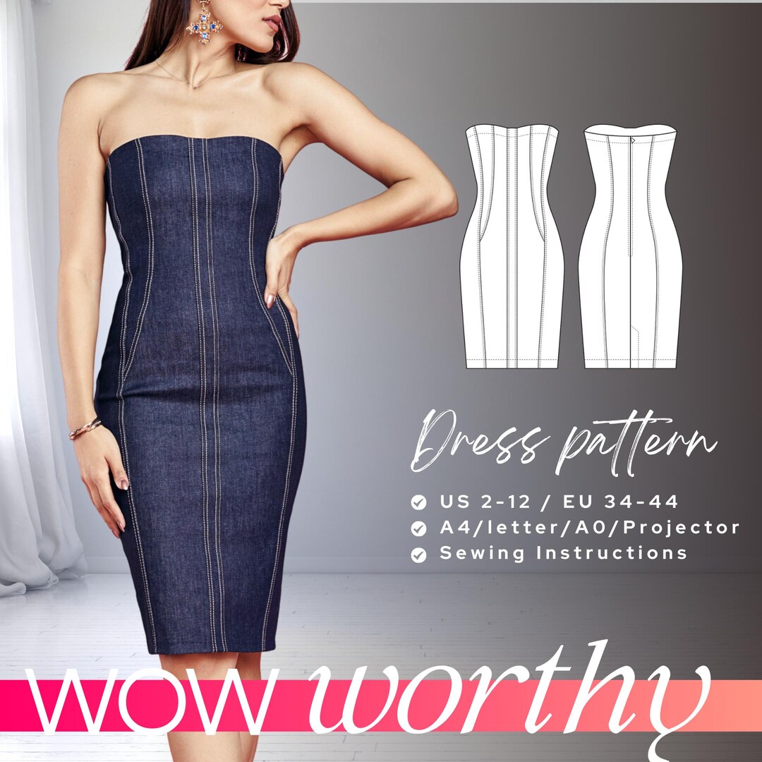 ANIKO Bodycon Dress Sewing Pattern, Strapless Dress Pattern, Diy Pencil ...