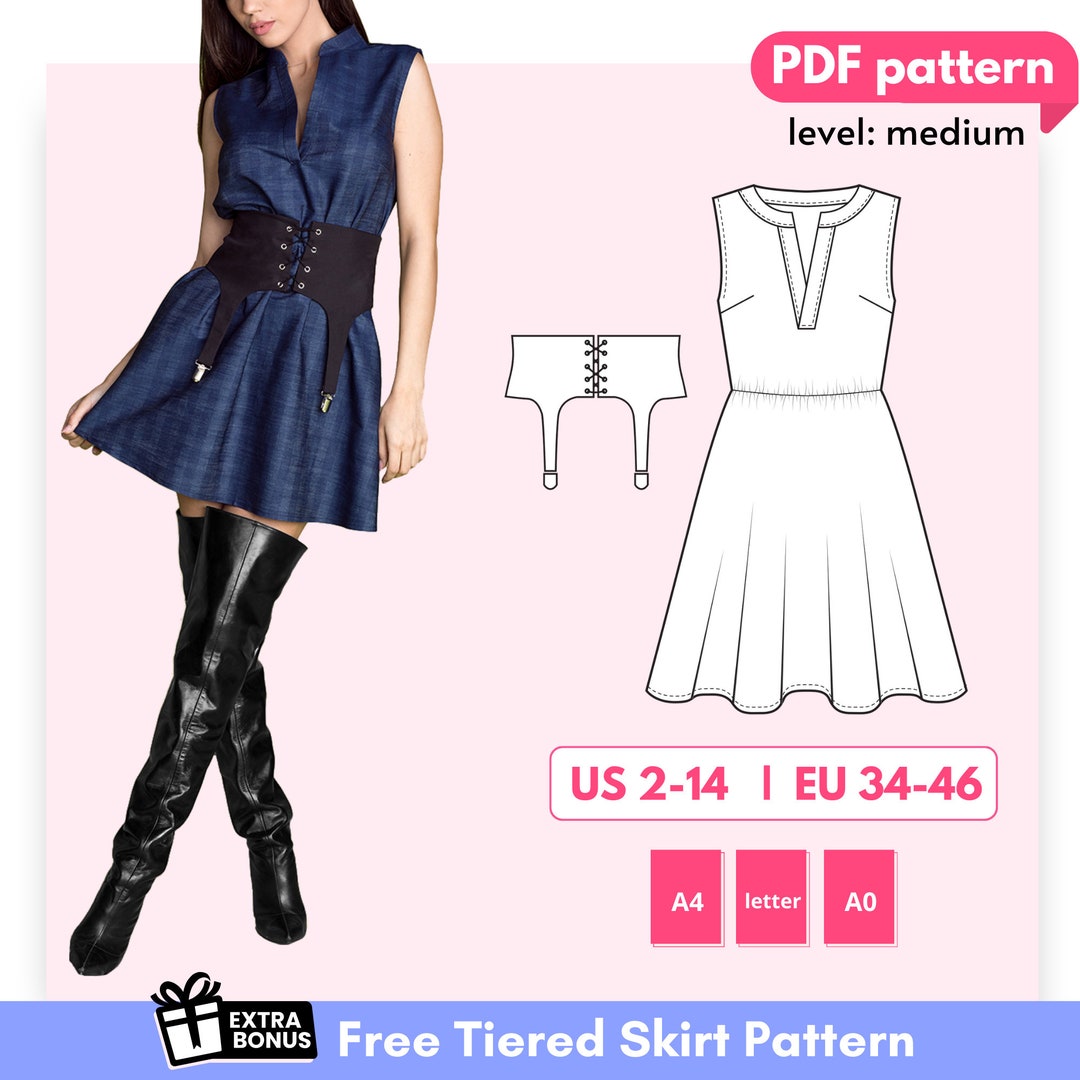 EVELIN DIY Mini Skater Dress Pattern With Corset Belt, Sleeveless Fit ...