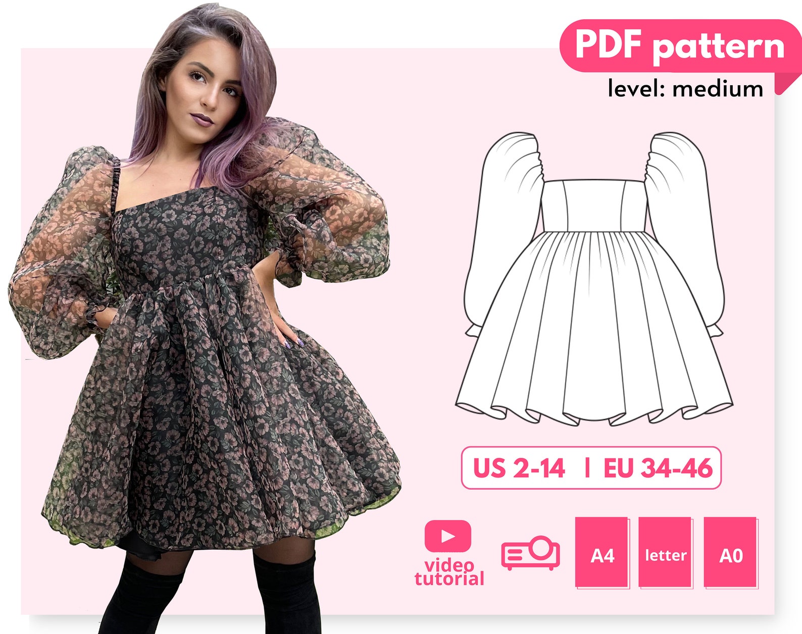 DAPHNE Puff Dress Pattern Organza Mini Dress Pattern 34-46 - Etsy