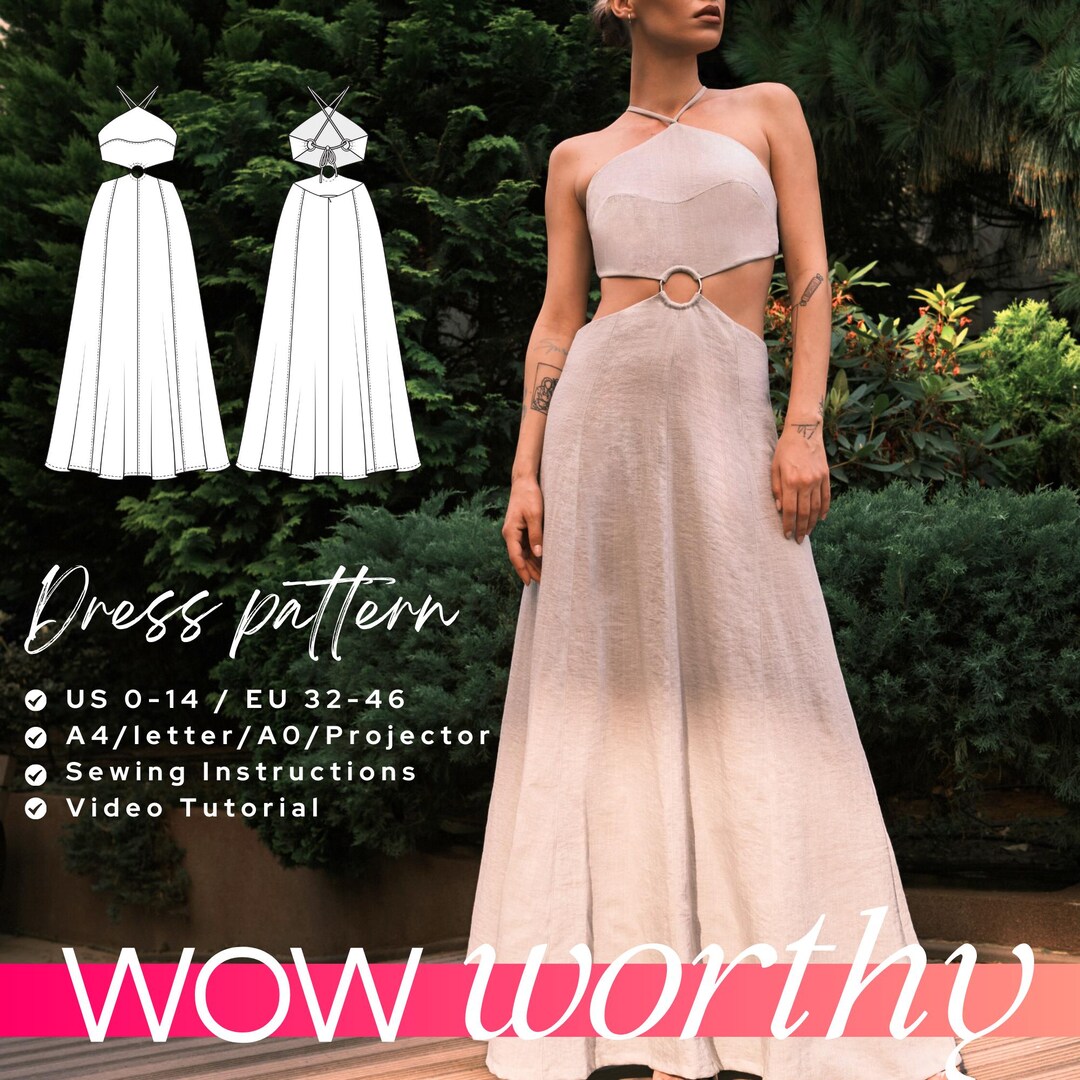 Allie - Halter Maxi Dress Sewing Pattern, Flared Dress Pattern, Prom ...