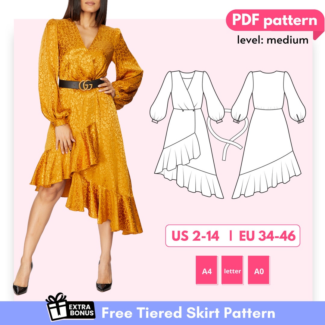 CARA DIY Wrap Dress Pattern, Asymmetric Hem Belted Dress, Midi Knee ...