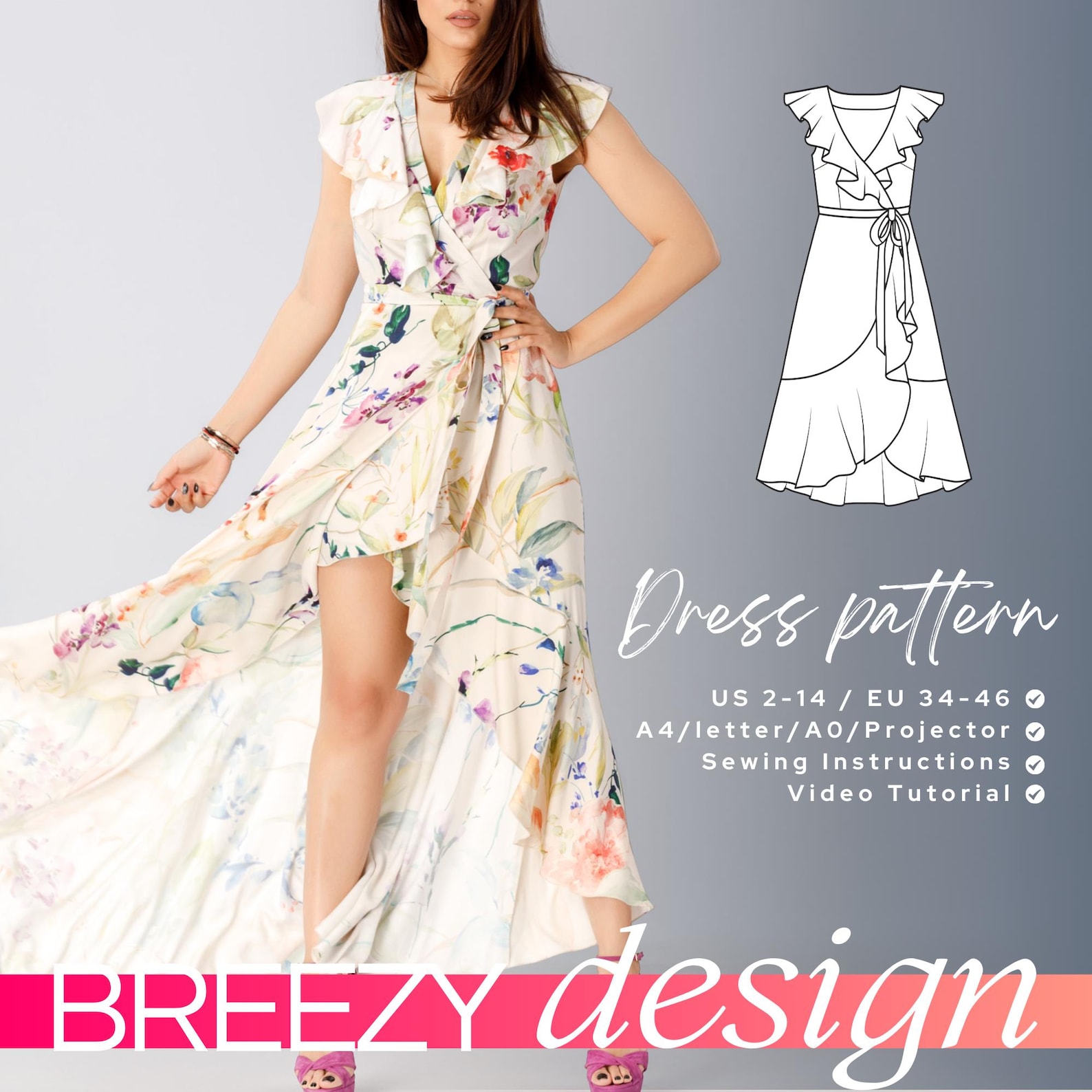 MICHELLE Wrap Dress Pdf Pattern, Cotton Wrap Dress Printable Pattern ...