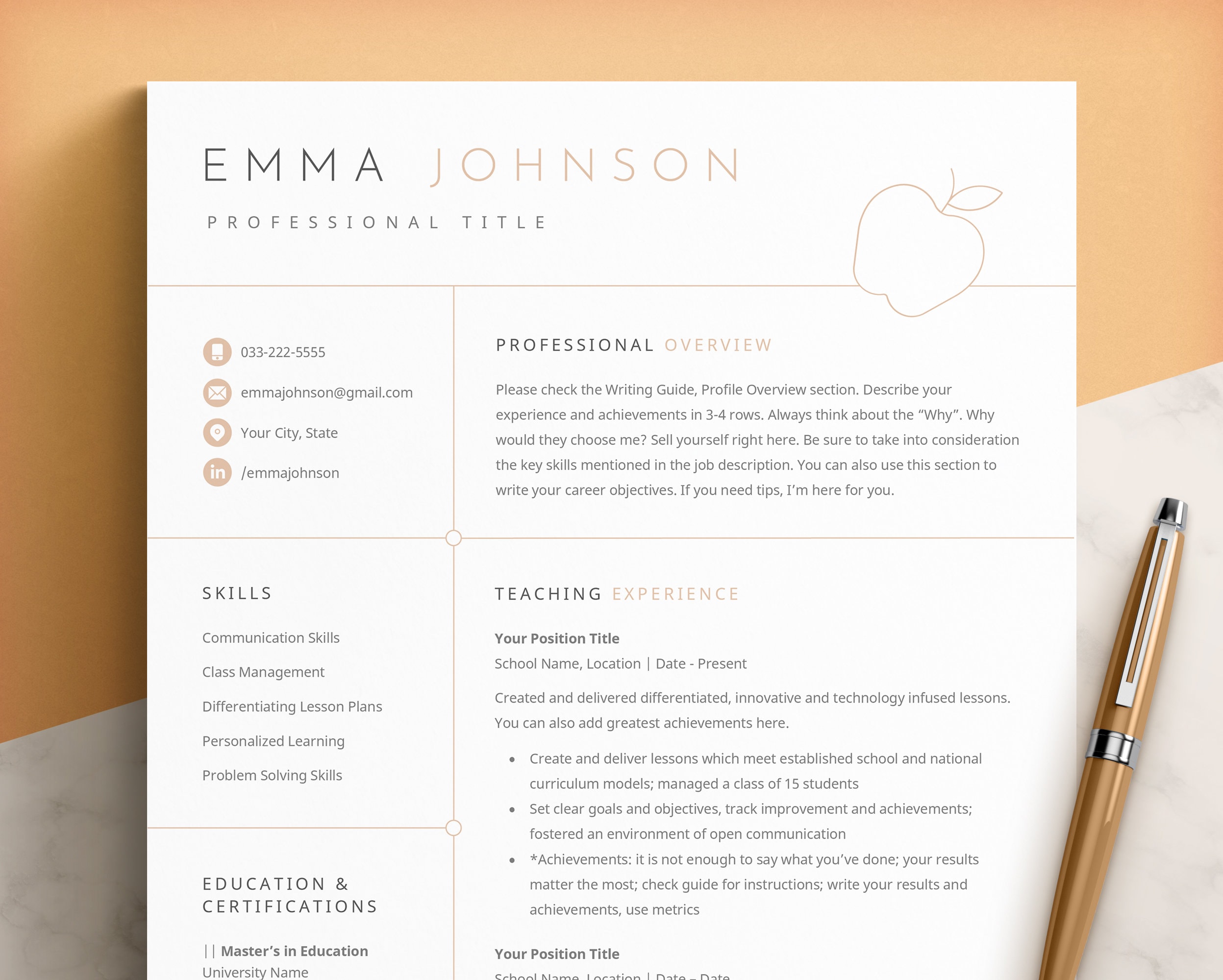 Teacher Resume Template Word Pages Google Docs Creative - Etsy