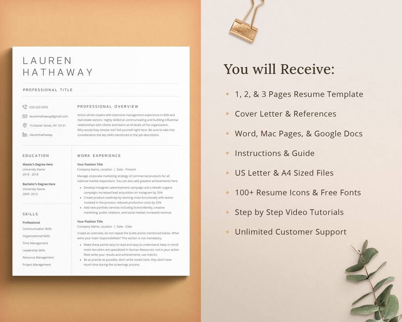 Modern Resume Template Word Pages Google Docs Professional | Etsy