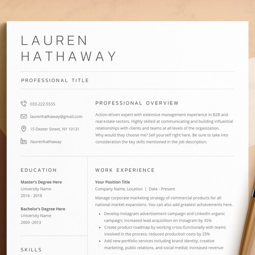 Clean Modern Resume Template 4 Page CV Template Cover | Etsy