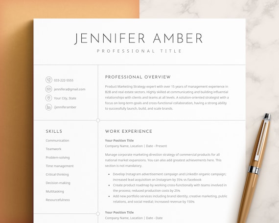 Paper 2022 Resume Template Word & Google Docs Professional Modern Resume Template for Pages CV ...