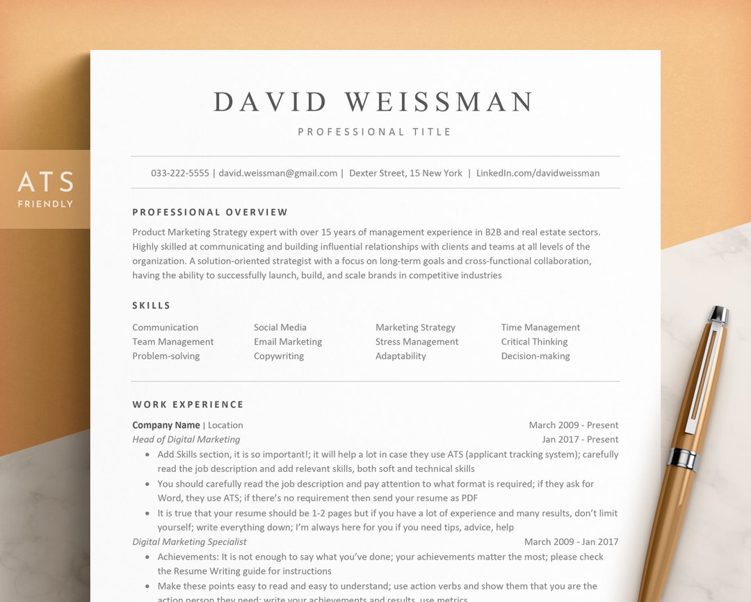 ATS Resume Template Word Pages Google Docs Minimalist ATS - Etsy