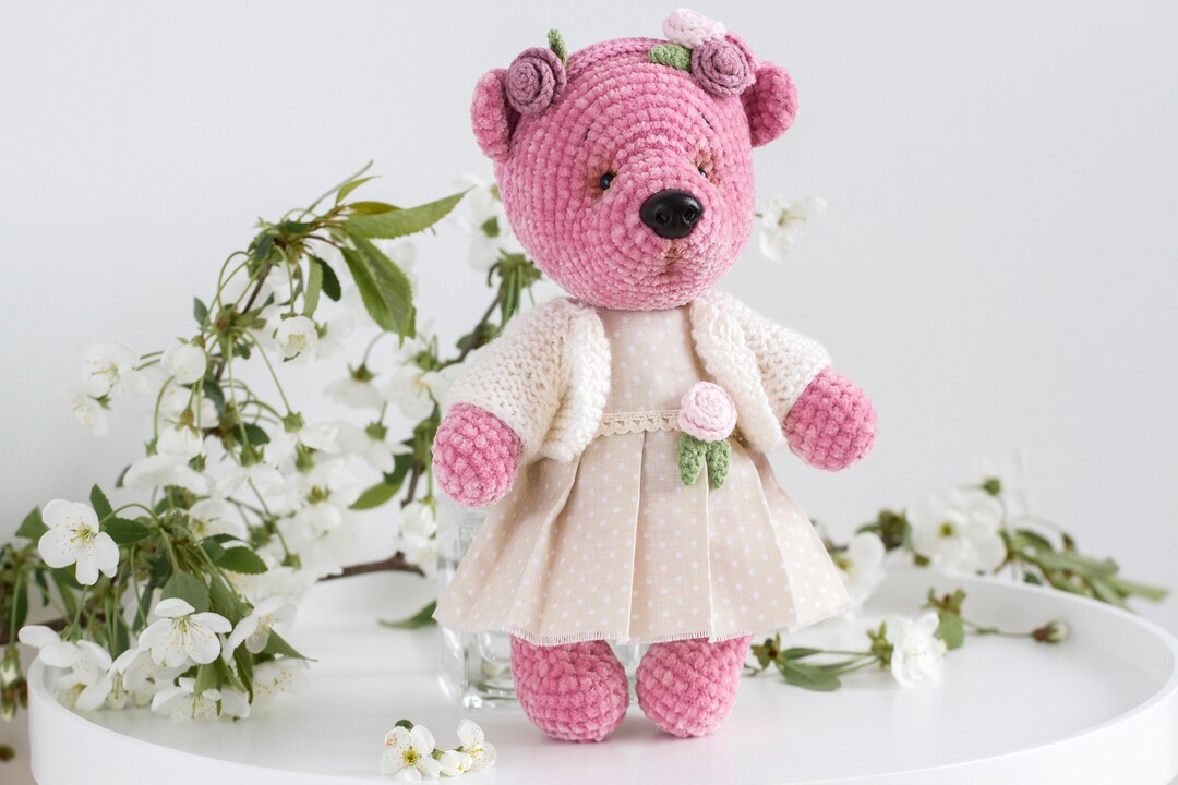 Crochet Plush Pink Staff Bear in the Cotton Dress and White Sweater ...