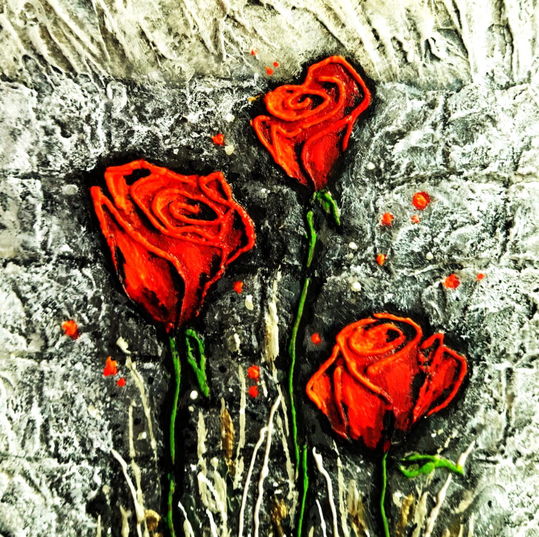 Roses Painting 3D Floral Original Textured Art Red Rose Painting Volume ...