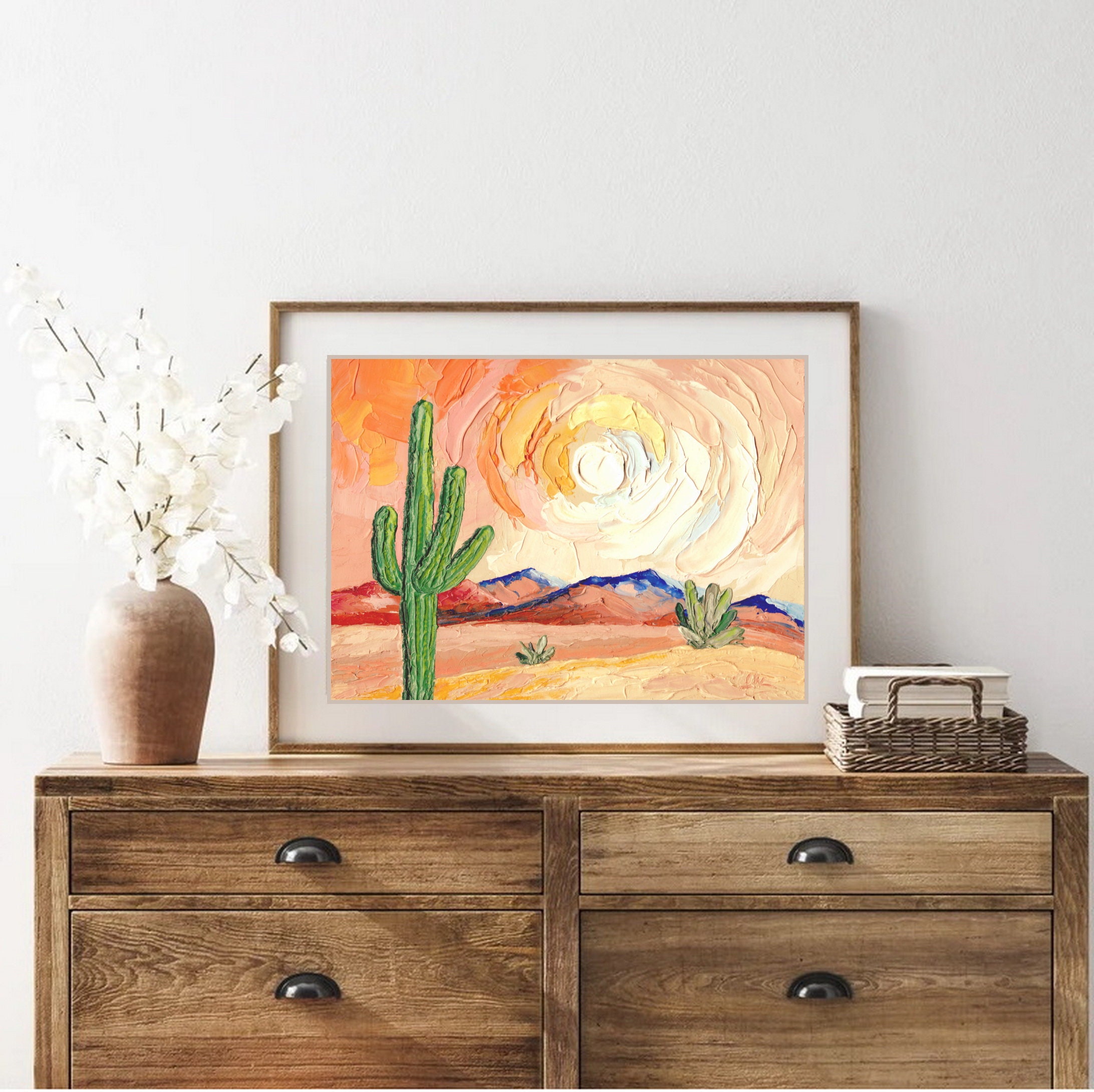 Saguaro Art Print Desert Landscape Mountain Painting Oil Impasto Cactus ...