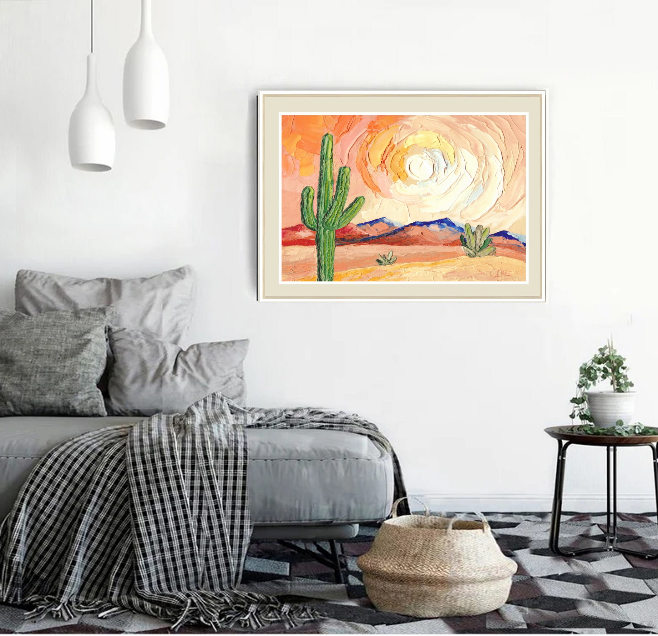 Saguaro Art Print Desert Landscape Mountain Painting Oil Impasto Cactus ...