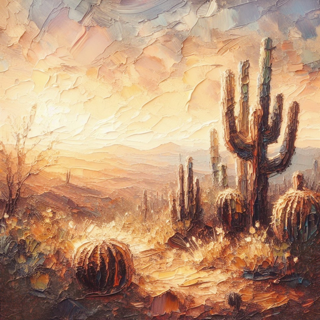 Saguaro Painting Desert Landscape Sunset Textured Oil Painting Impasto ...