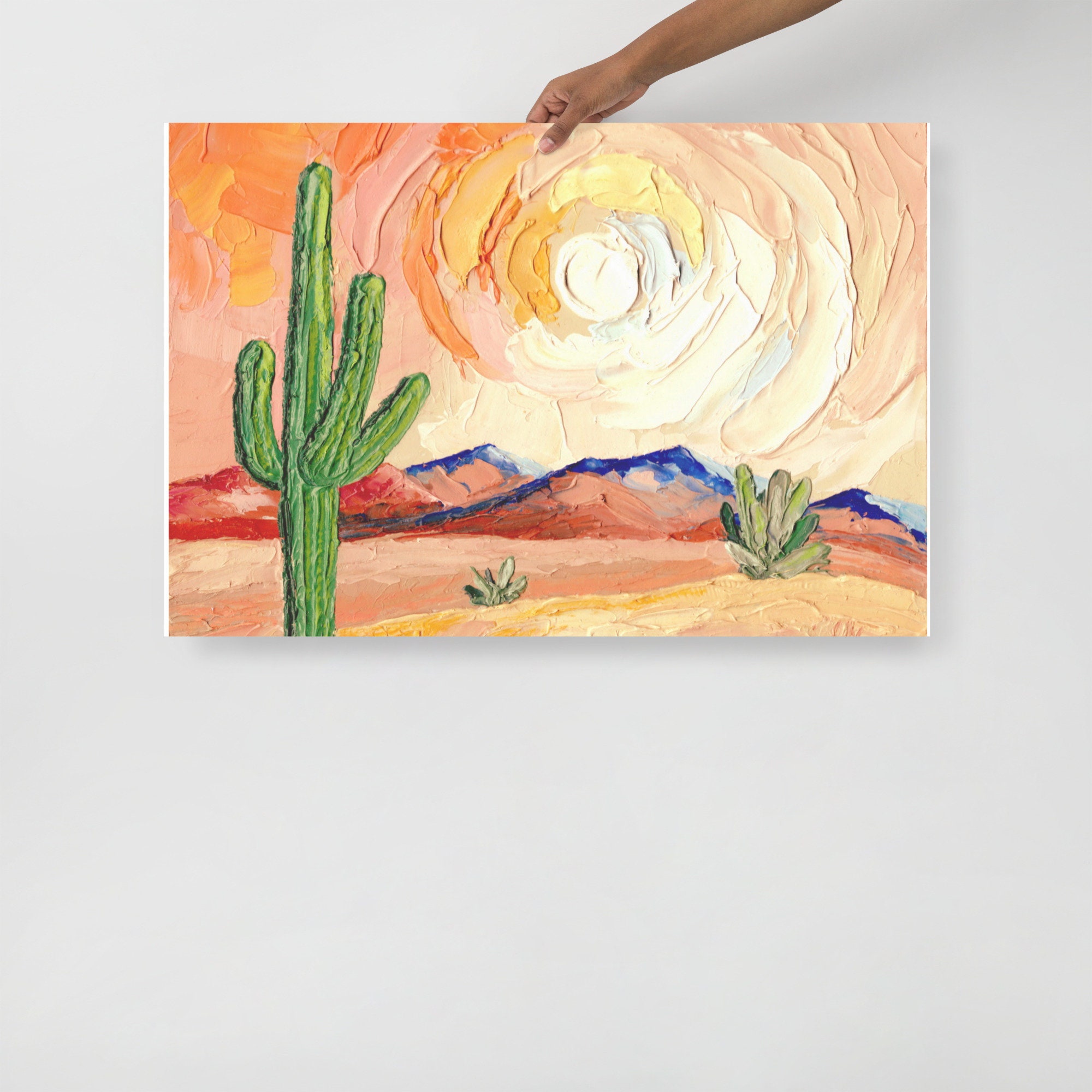 Saguaro Art Print Desert Landscape Mountain Painting Oil Impasto Cactus ...