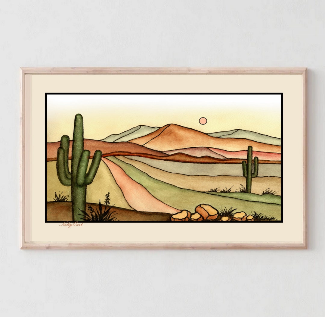 Saguaro Large Watercolor Painting Beige Narrow Horizontal Poster ...