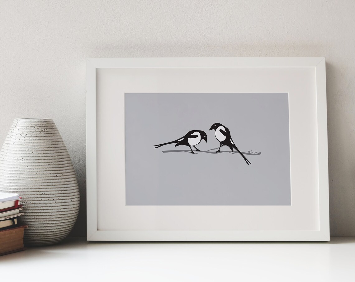 Two for Joy - Magpie Nursery Print | Twin Baby Print | Grey, Blue or ...