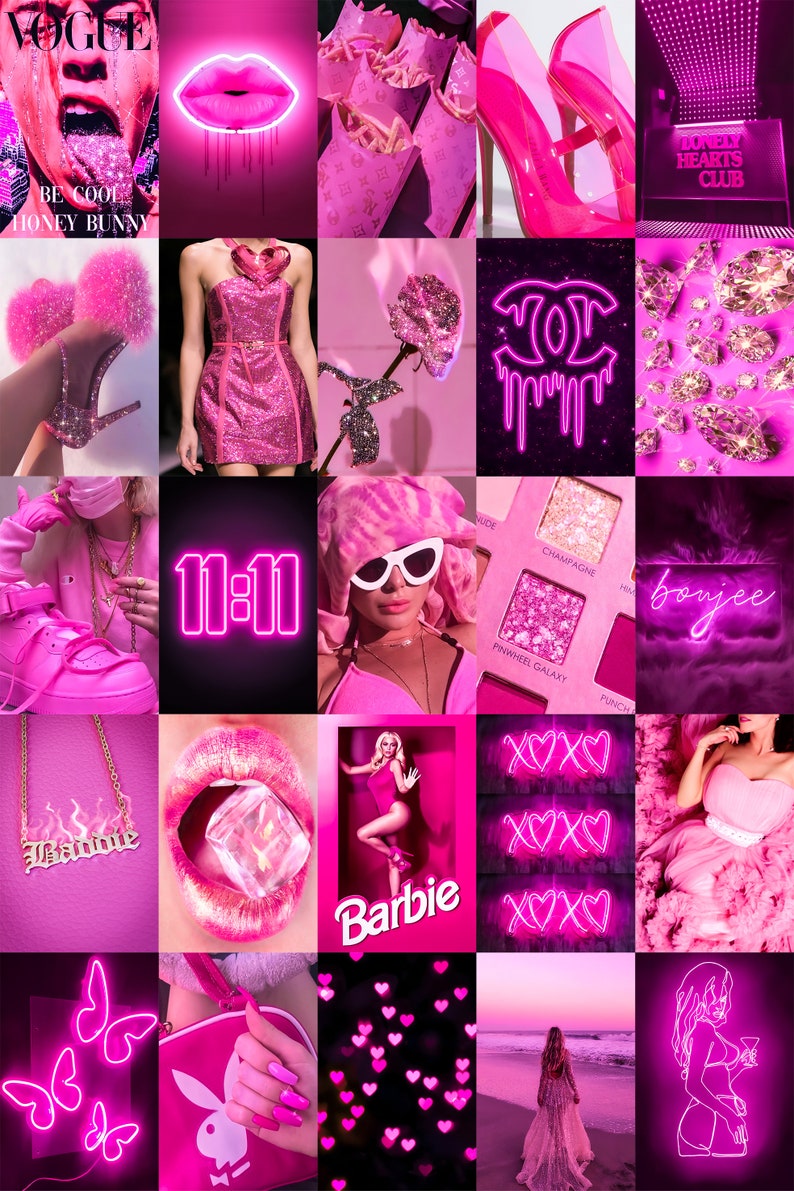 Boujee Pink Neon Photo Collage Kit Hot Pink Aesthetic Baddie Etsy