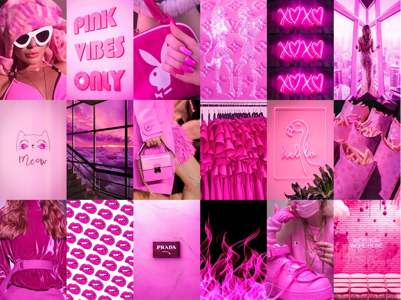 110 Pcs Boujee Pink Neon Photo Collage Kit Hot Pink Aesthetic Etsy