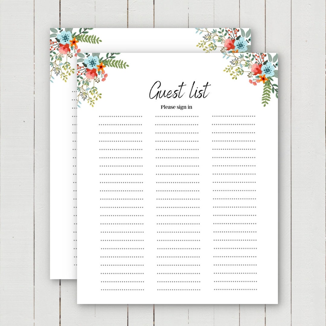 Printable Guest List, Guest List Printable, Wedding Guest List, Guest ...