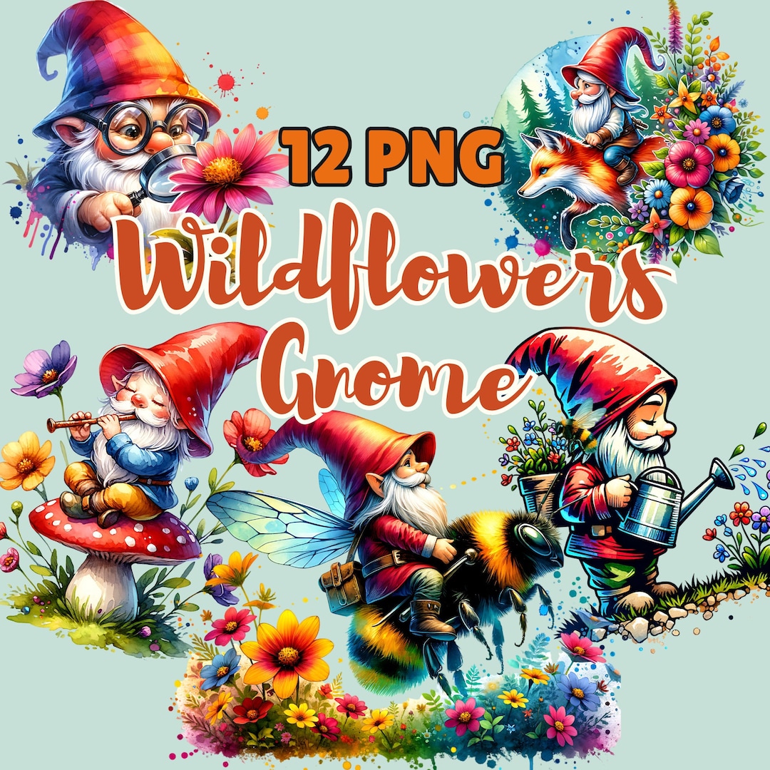Bundle Wildflowers Gnome PNG, Enchantment Gnome, Whimsical Gnome ...