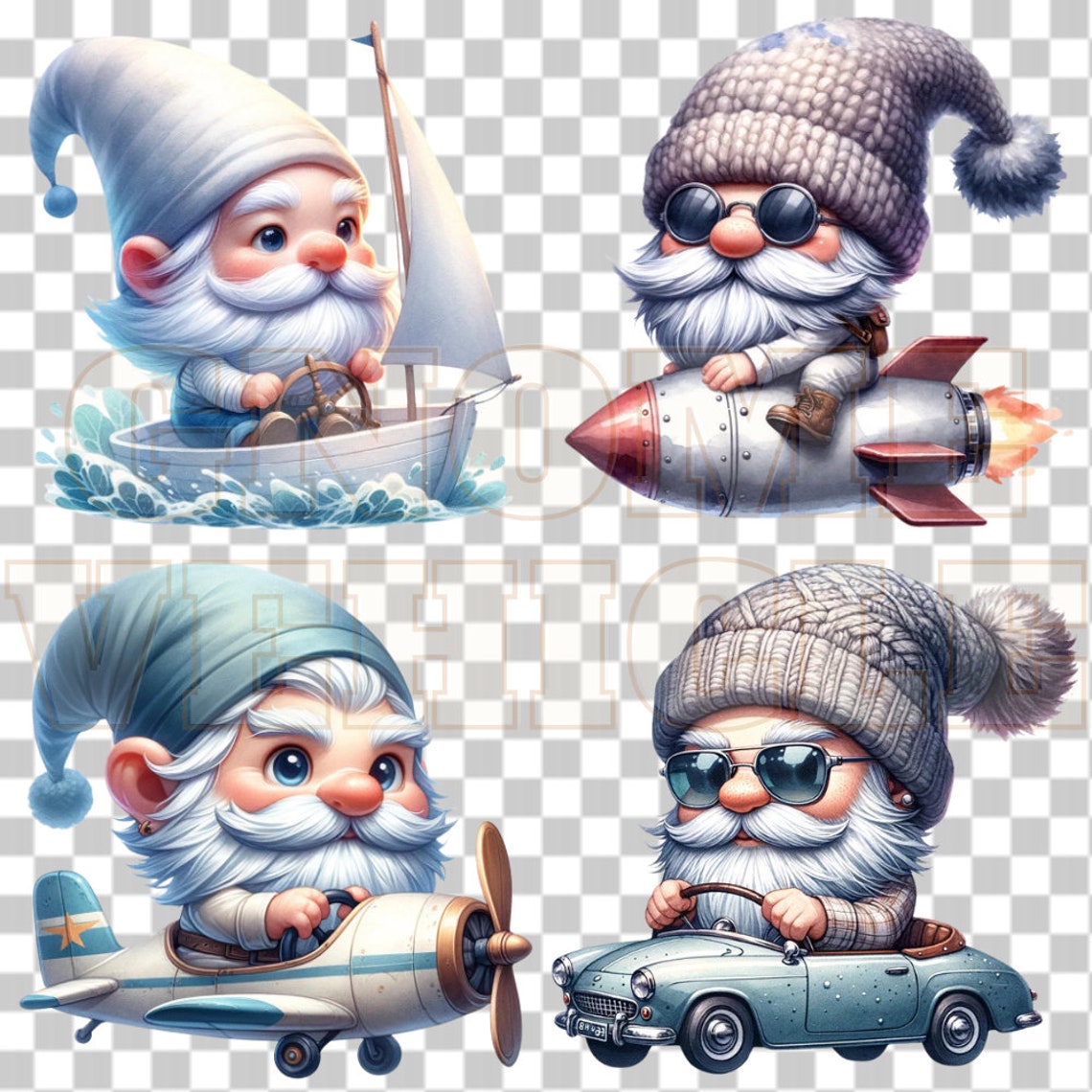 13 Cute Gnome in Vehicle PNG, Classic Car, Kayaks, Rockets, Motorcycles ...